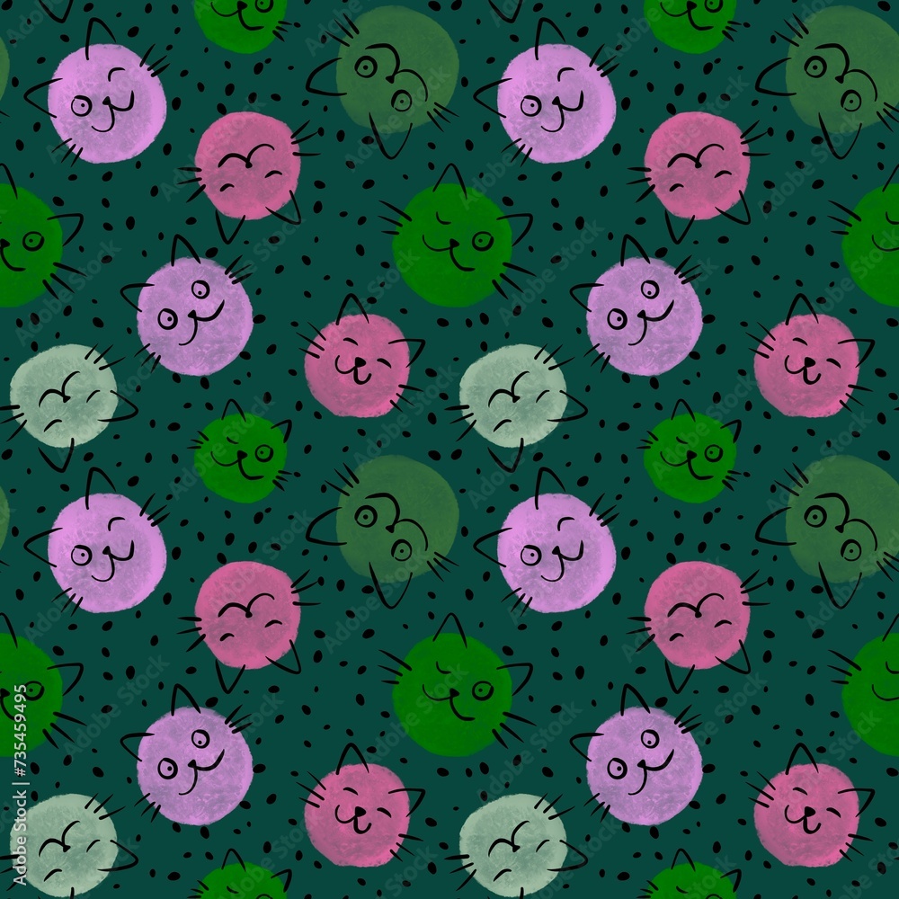 Cartoon watercolor paint spots and animals seamless cats pattern for ...