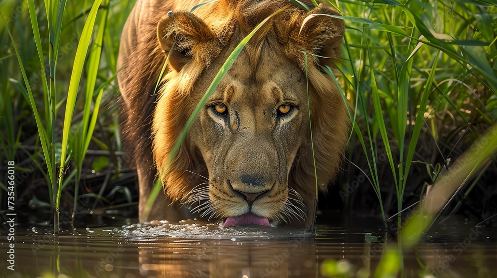 A lion leans down to drink water deep in the jungle in a majestic scene ...