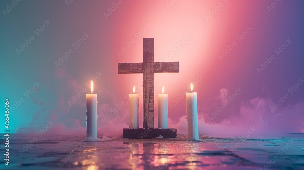 A wooden cross richly adorned with candles rests on a gradient ...