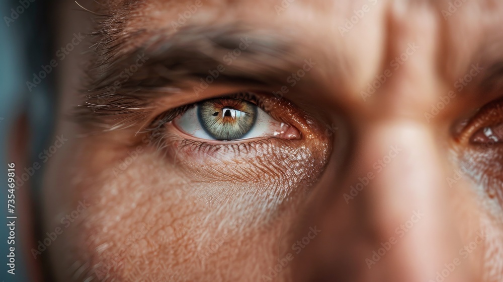 Through the detailed closeup of an eye, the intricate layers of skin ...