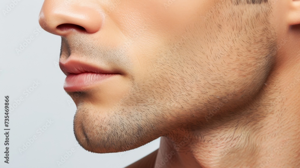 A rugged man gazes into the camera, his skin smooth and taut, his ...