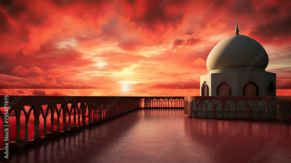 mosque afternoon rooftop with dark red cloudy sky and iconic mosque ...