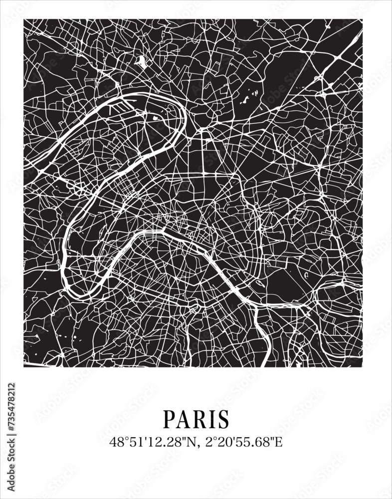 Paris city map. Travel poster vector illustration with coordinates ...