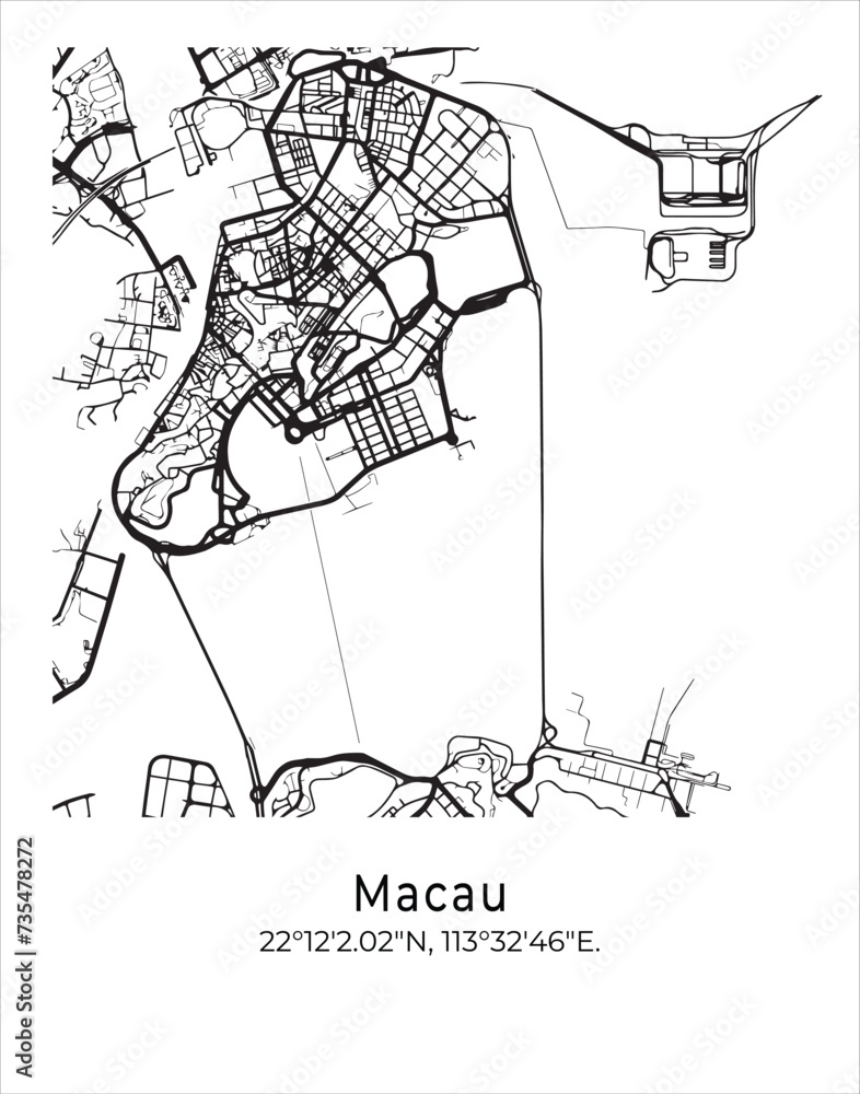Macau city map. Travel poster vector illustration with coordinates ...