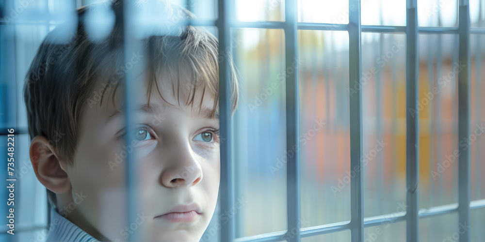 Contemplative Boy Behind Fence. Close-up of a sad lonely young boy ...