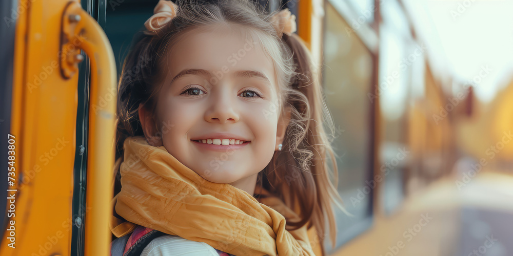 Smiling Schoolgirl getting in School Bus. Portrait of Little girl stand ...