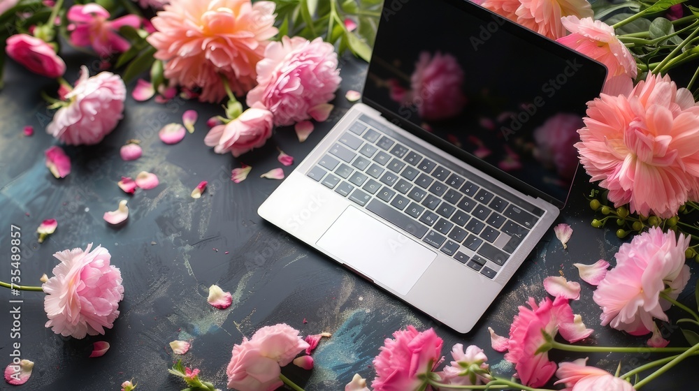 Laptop surrounded by flowers. There are no distractions on the laptop ...