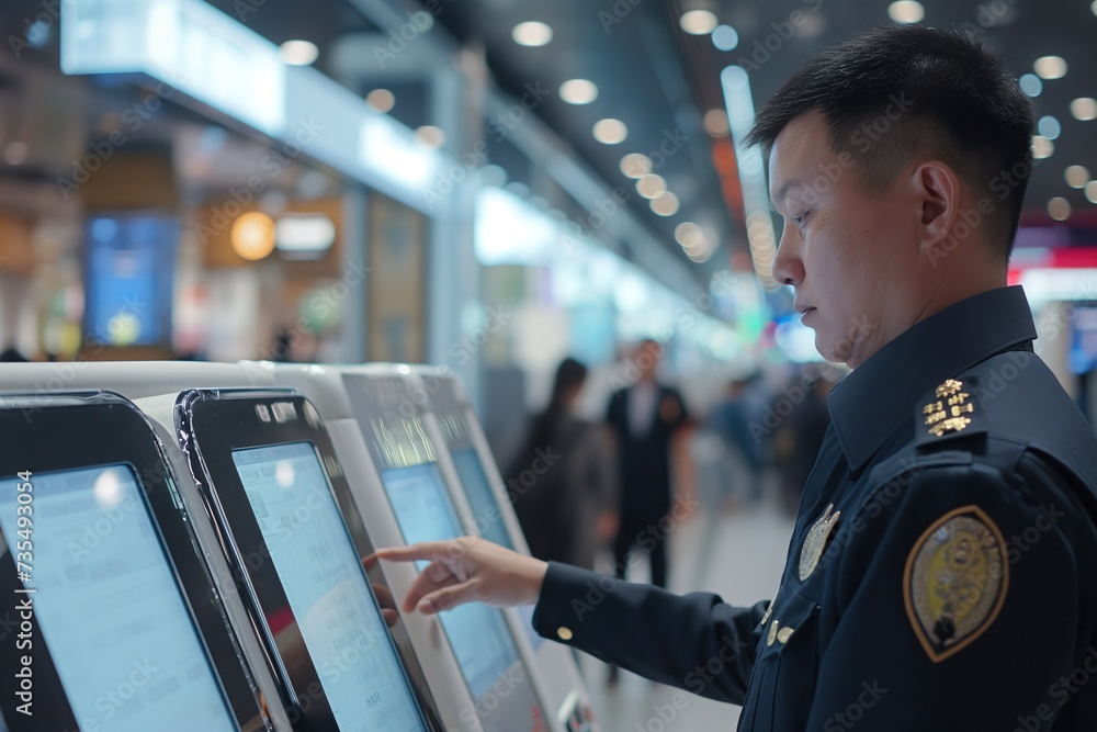 A police officer in full uniform is attentively observing and ...