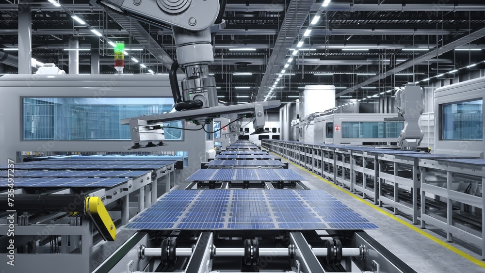 Solar panel factory with robotic arms placing PV modules on automation ...