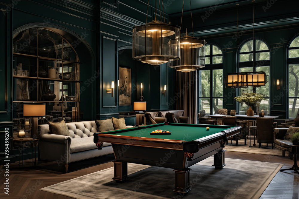 Elegant Billiards Room Interior With Classic Furniture and Lighting ...