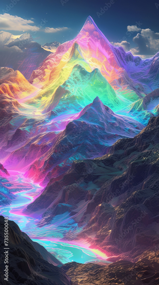 A neon mountain range where each peak casts a rainbow shadow and is ...