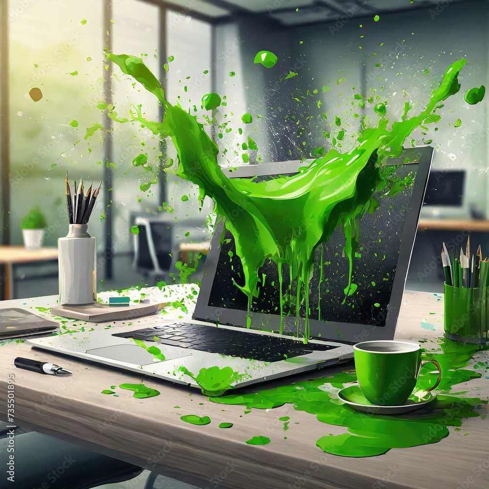 green washing, modern desk with green paint exploding out of laptop ...