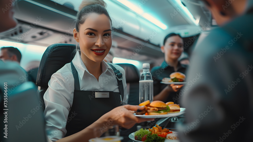 A Photo Of A Flight Attendant Serving Passengers Food And Drinks A