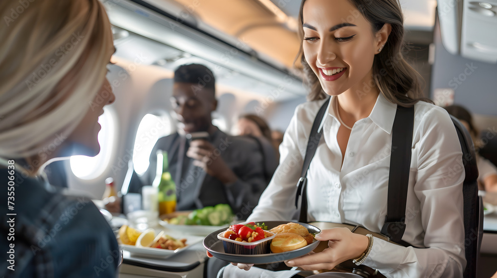 A photo of a flight attendant serving passengers food and drinks. a ...