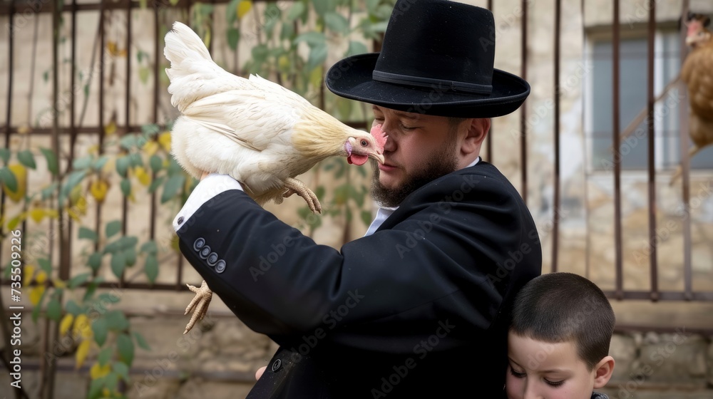 Jewish father Hassidic with dark black fedora hat holding with one hand ...