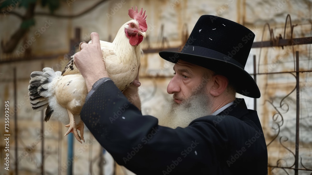 Jewish father Hassidic with dark black fedora hat holding with one hand ...