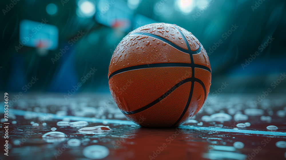 Basketball draussen im Regen auf dem Spielfeld. Querformat. Generative ...