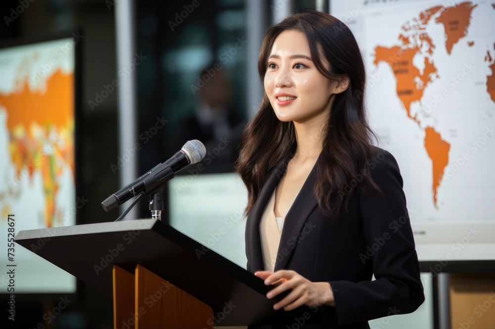 A professional asian woman delivers a compelling presentation at a ...