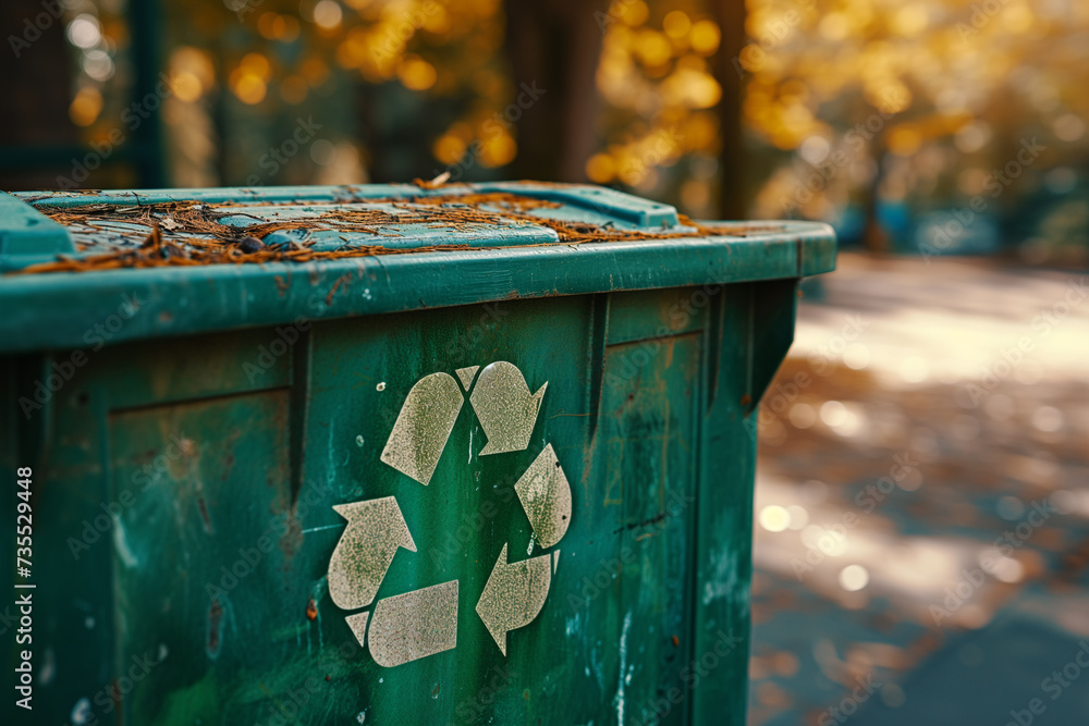 A green recycling bin bearing the universal recycling symbol ...