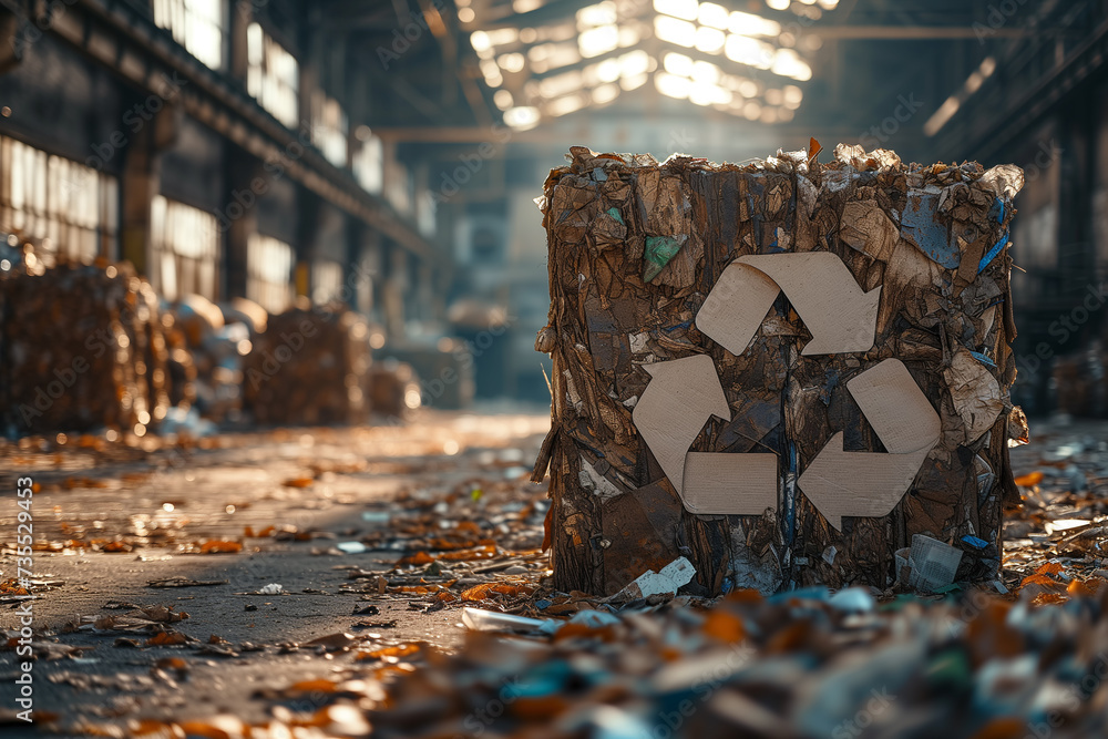A compressed cube of waste material prominently displays the recycling ...