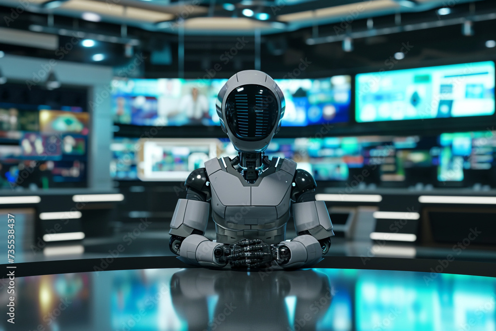 the robot in news studio as a news presenter, speaking, looking at ...