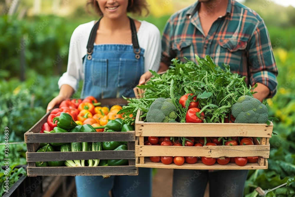 Smiling farmers in a field displaying crates of fresh, organic ...