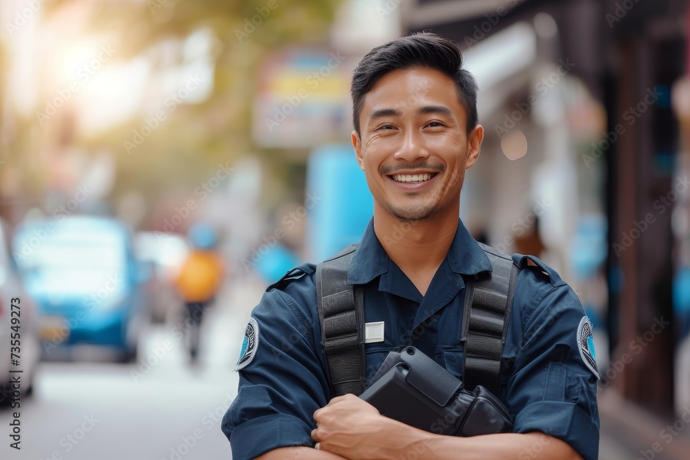 A cheerful policeman in uniform with arms crossed on a city street ...