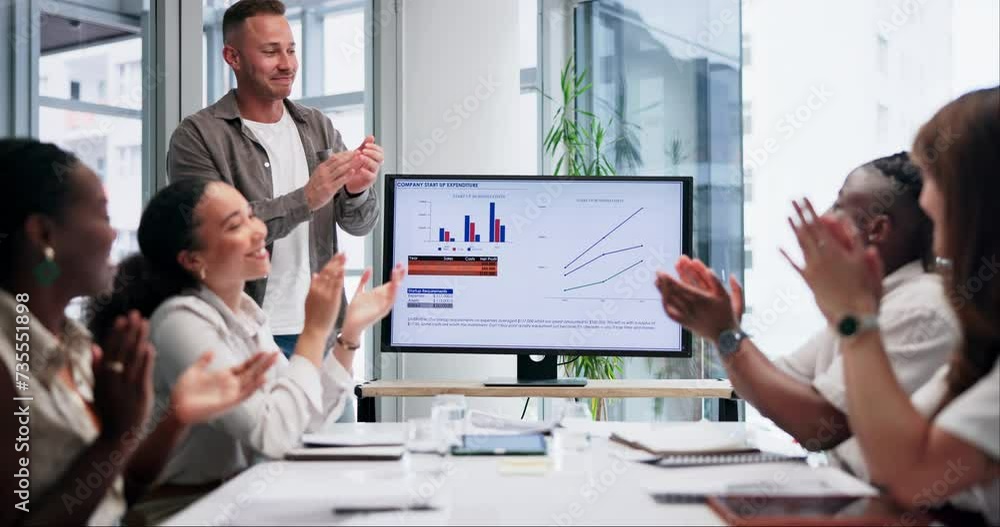 Business people, meeting and charts with applause, client growth and ...