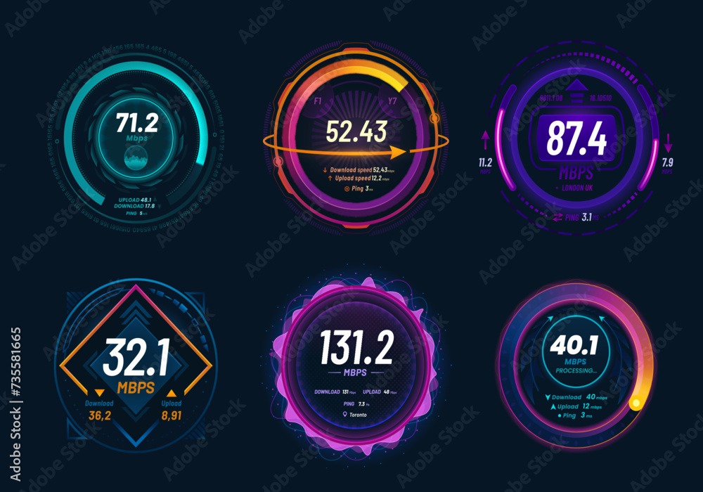 Internet speed test and 5G speedometer dashboard, futuristic digital ...