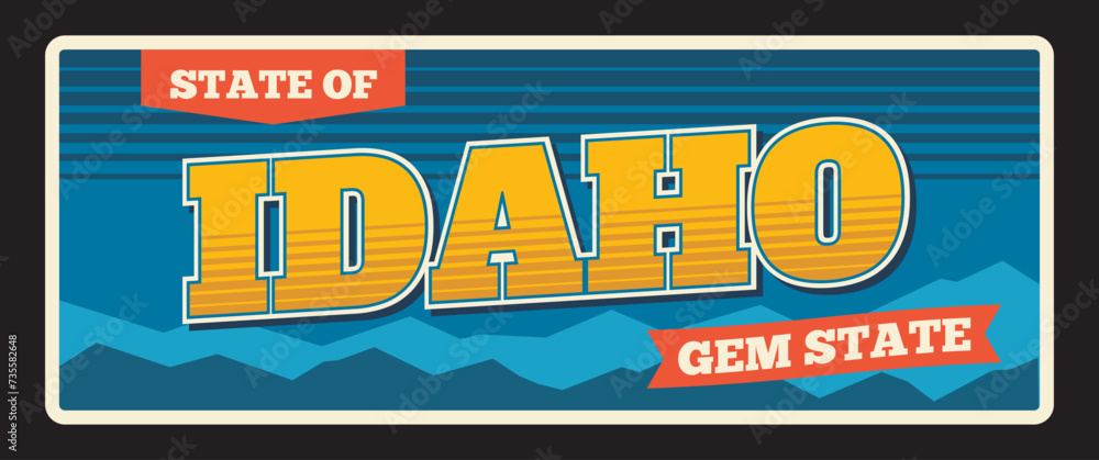 Idaho USA state metal plate, retro typography gem state lettering ...