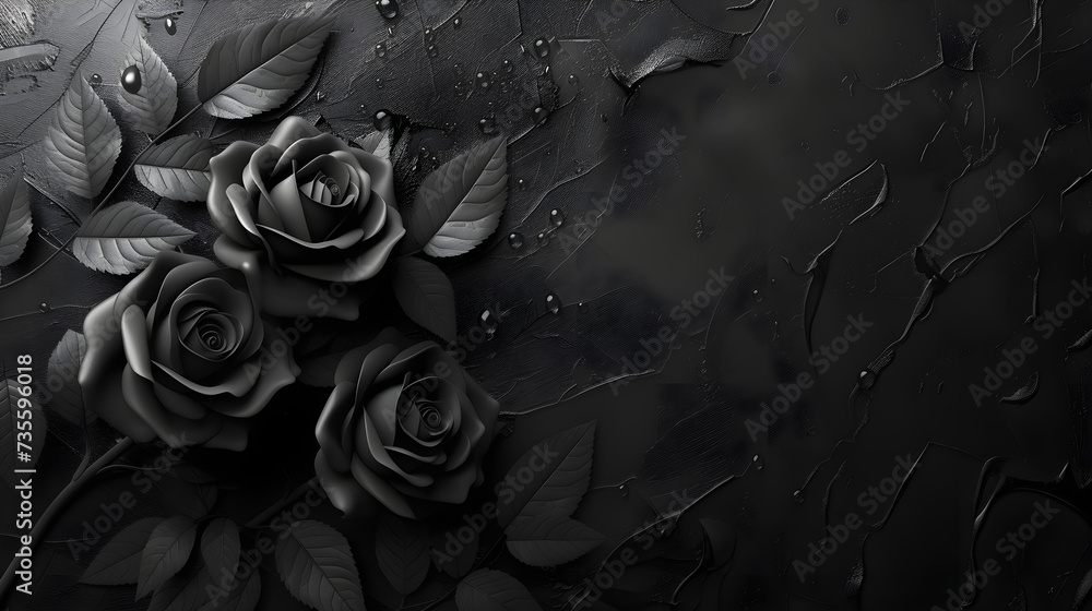 Dark Black roses on black background, web banner. Mourning moody ...