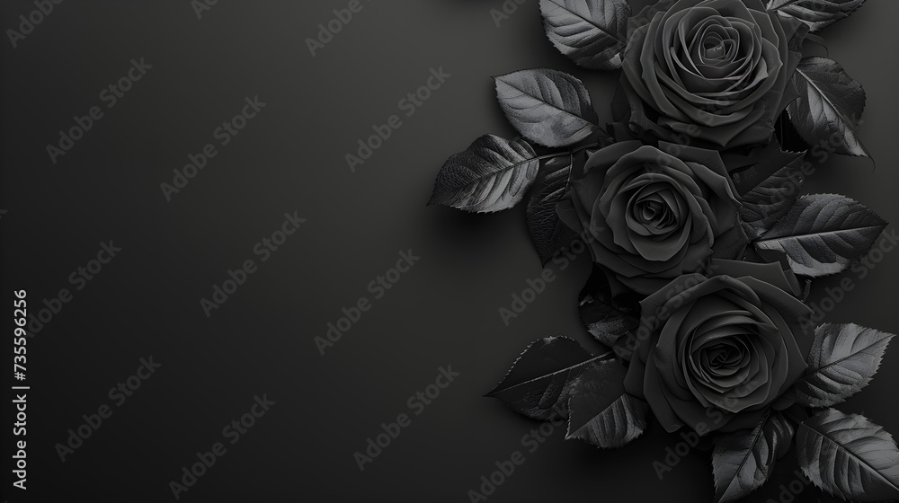 Dark Black roses on black background, web banner. Mourning moody ...