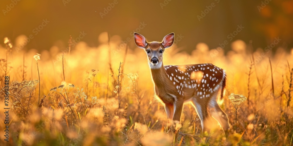 Sunrise backlit image of a whitetail fawn in an open field, Generative ...