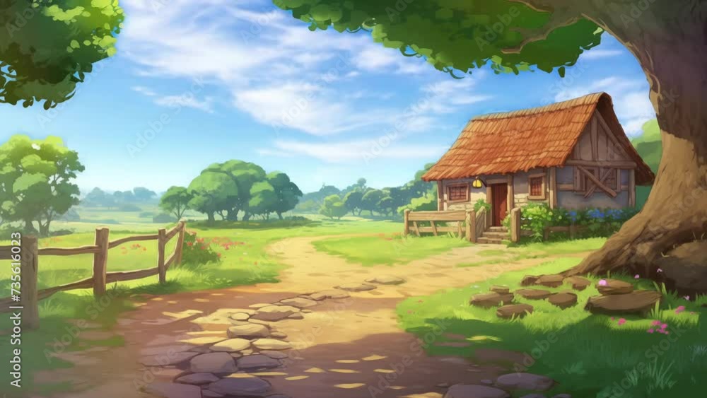 Animated illustration of a rural scene with traditional house buildings ...