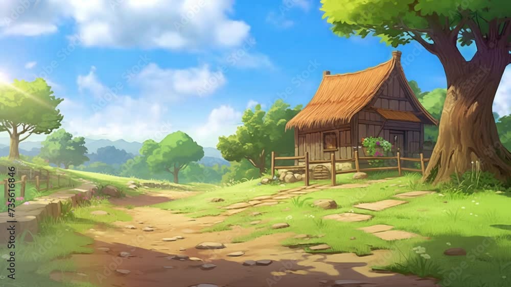 Animated illustration of a rural scene with traditional house buildings ...