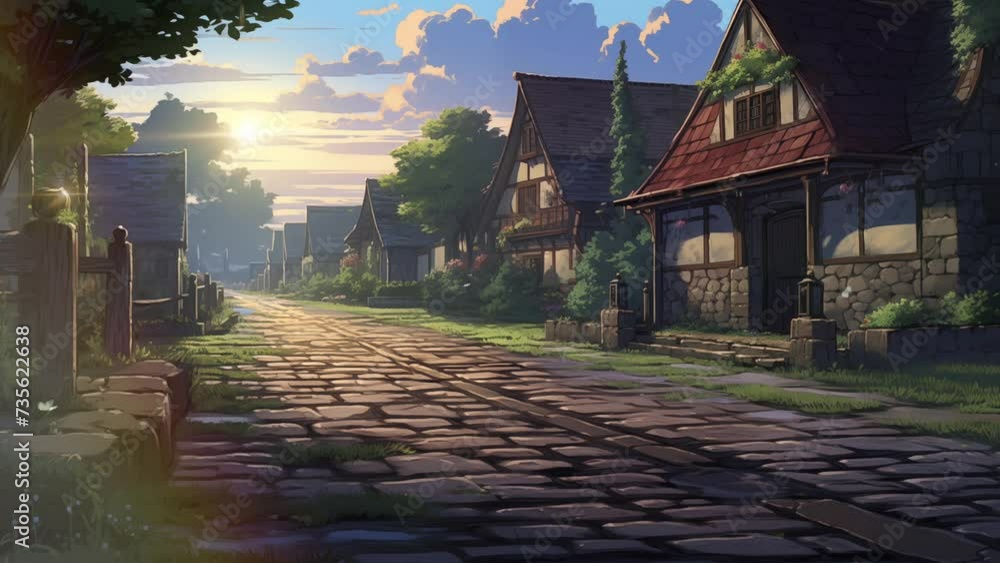 Animated illustration of a rural road at night with traditional house ...