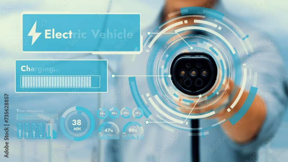 Focus EV charger pointing in front of camera display futuristic smart ...