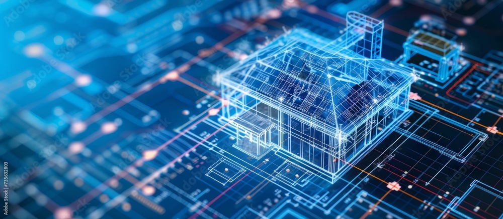 Beautiful house with modern circuitry on vibrant blue background ...
