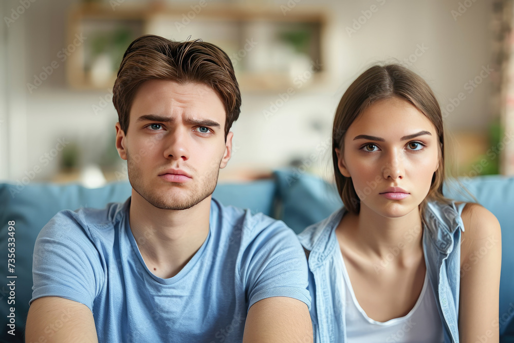 closeup A young couple seated on the sofa at home, mutually ...