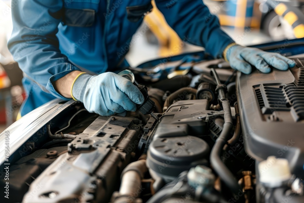 Auto mechanic expertly diagnosing and repairing a car engine ...