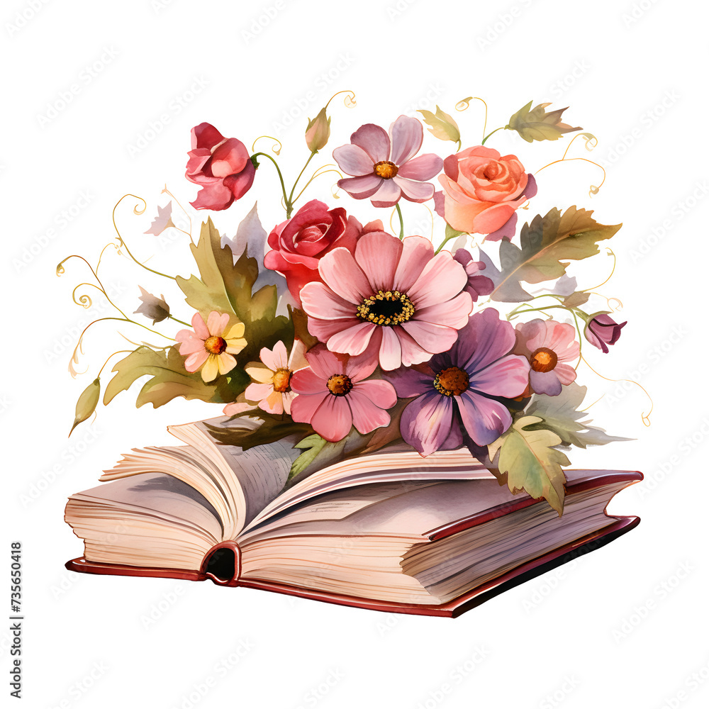 Spring flowers open books illustration on white background, Watercolor ...