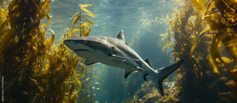 Majestic shark swimming gracefully in a mesmerizing sea of lush green ...