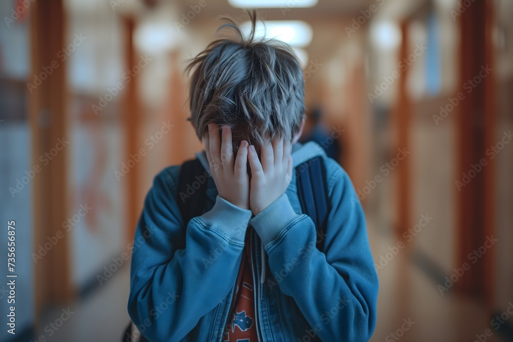Emotional scene: Upset boy stands alone in school corridor, depicting ...