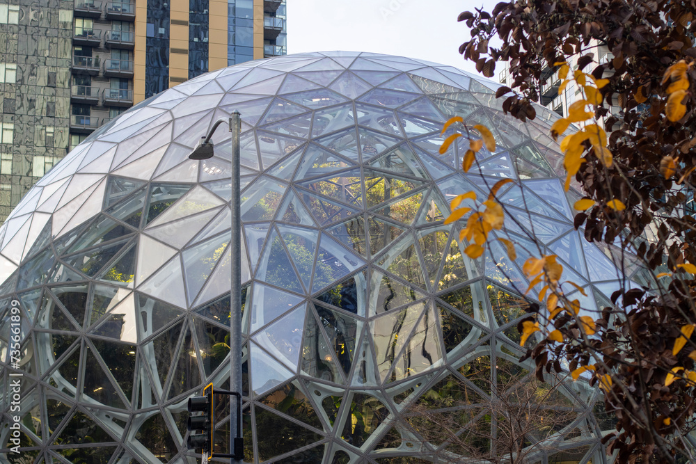 Seattle, WA, USA - Dec 20, 2023: Exterior view of the Spheres, three ...
