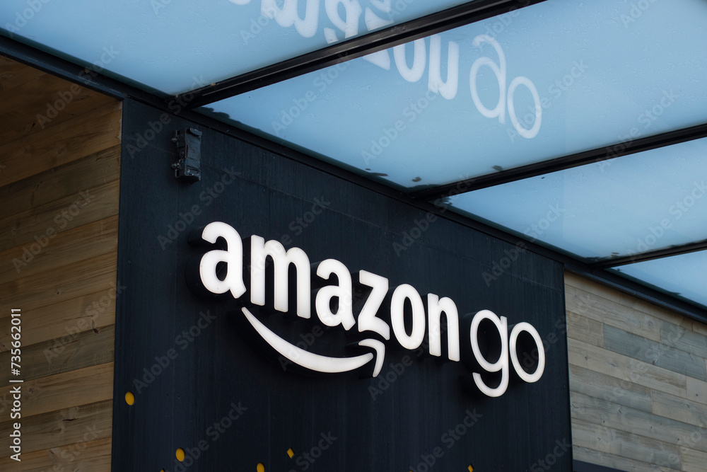 Seattle, WA, USA - Dec 20, 2023: Closeup of the Amazon Go sign seen at ...