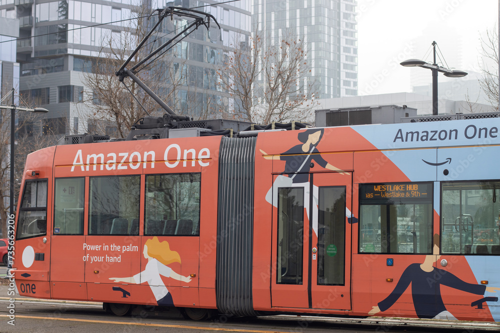 Seattle, WA, USA - Dec 21, 2023: Amazon One ads are seen on a Seattle ...