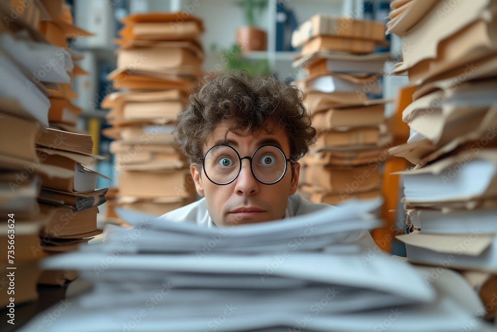 Quirky financial accountant peeking behind paperwork. Nerdy man in ...