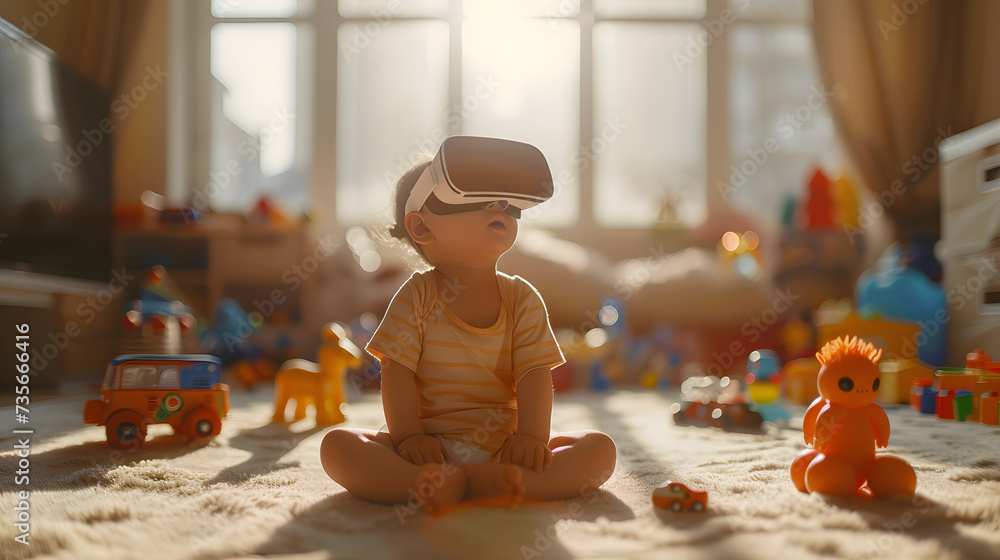 little baby wearing VR headsets sitting in a room full of toys Stock ...