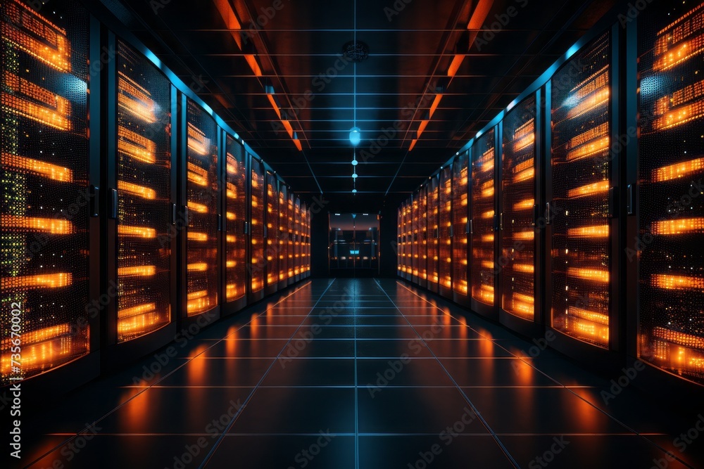 interior of data center server room at night illuminated by orange ...