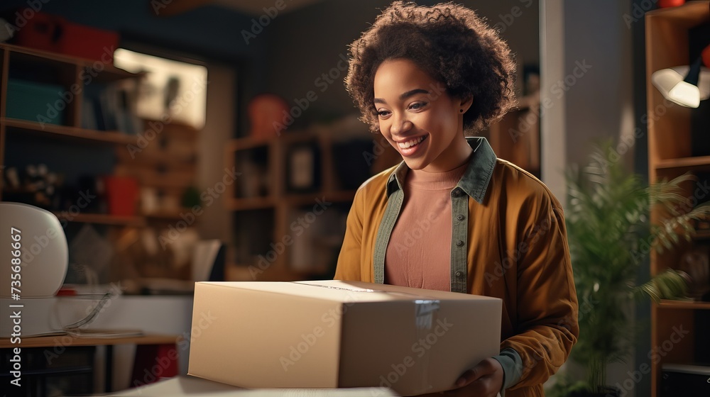 Positive happy African student girl unpacking box with books, receiving ...